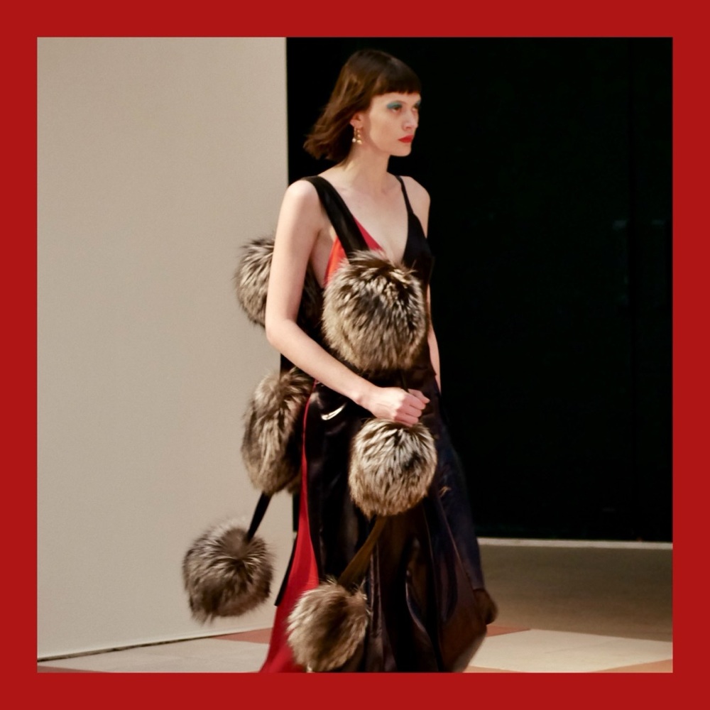 Cline Silver Fox Fur Pom Pom & Black Leather Boa Scar… - Gem